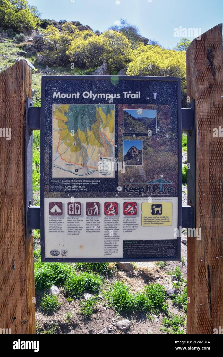 Trail Signs hiking along Mount Olympus Trail in the Wasatch National ...