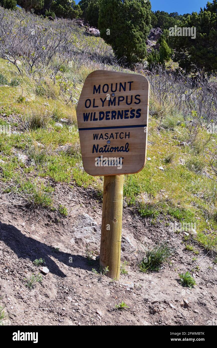 Trail Signs hiking along Mount Olympus Trail in the Wasatch National ...