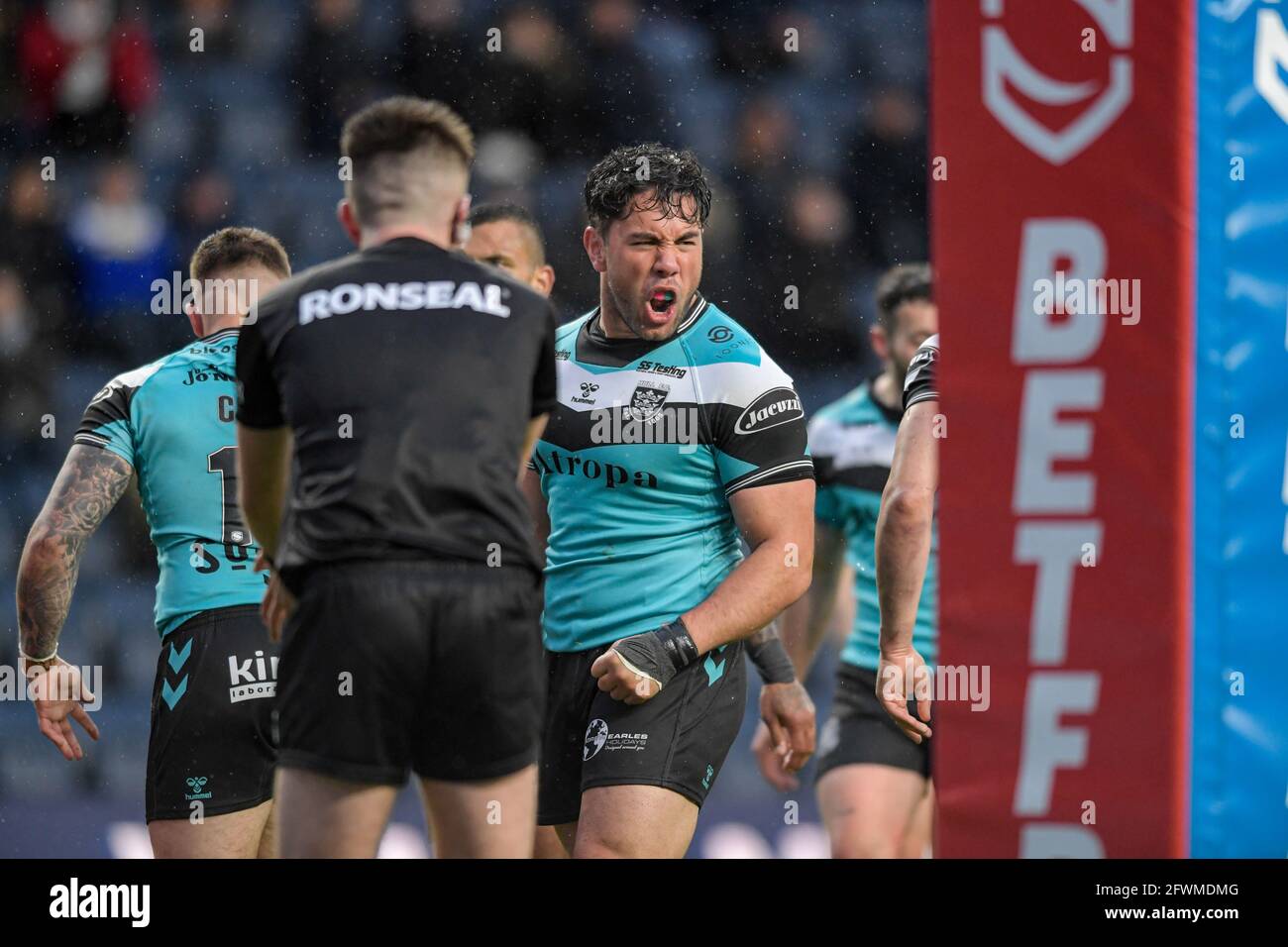 Andre Savelio (11) of Hull FC celebrates stopping Leeds Rhinos from ...