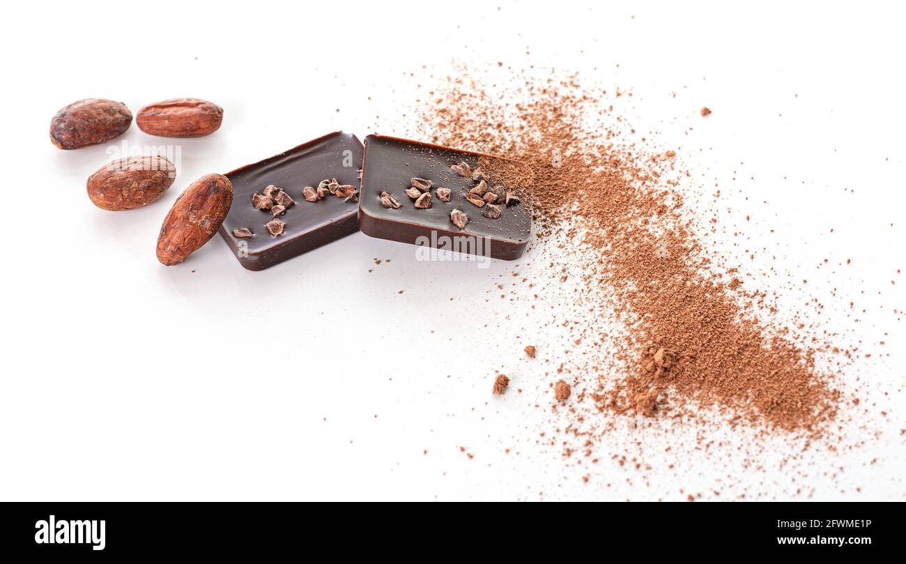 dark chocolate squares with pieces of roasted cocoa bea nand cocoa bean ...