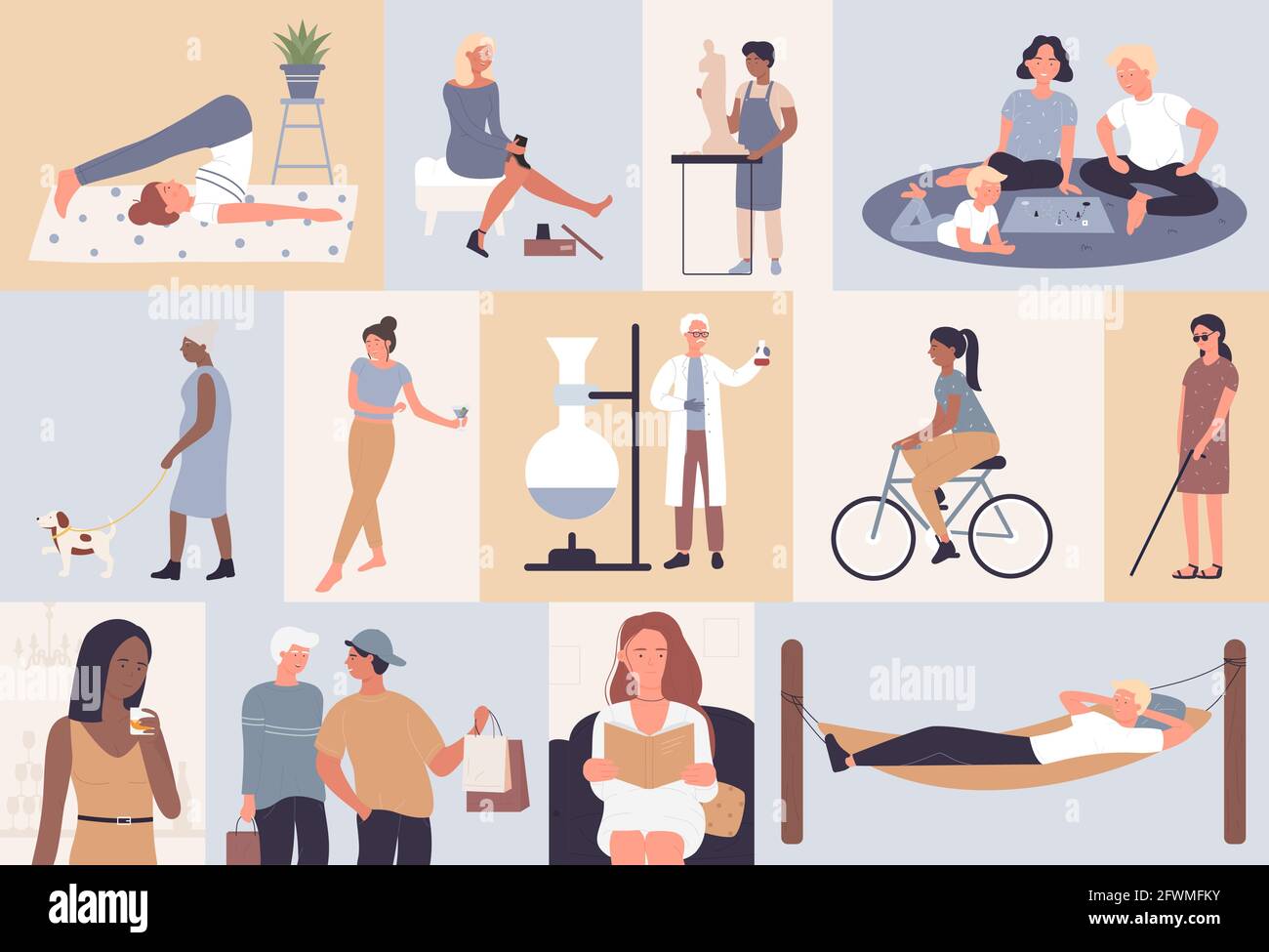 People daily activity vector illustration set. Cartoon active young old ...