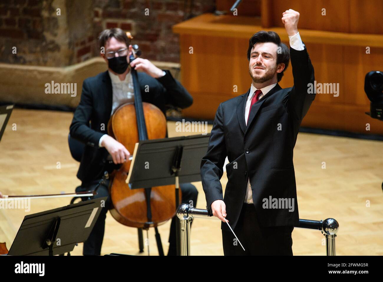 EDITORIAL USE ONLY Finalist Martijn Dendievel conducts the London ...