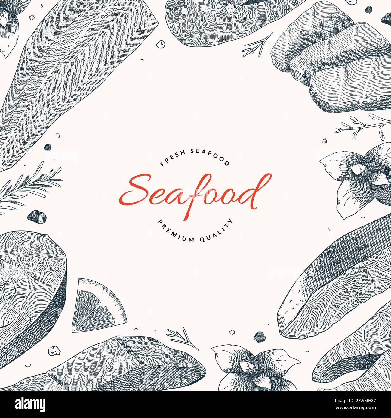 Seafood frame template, vector template with hand drawn ink ...