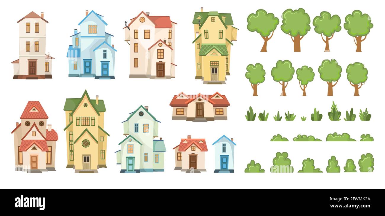Cartoon house, trees and bushes. Set. A beautiful, cozy country house ...