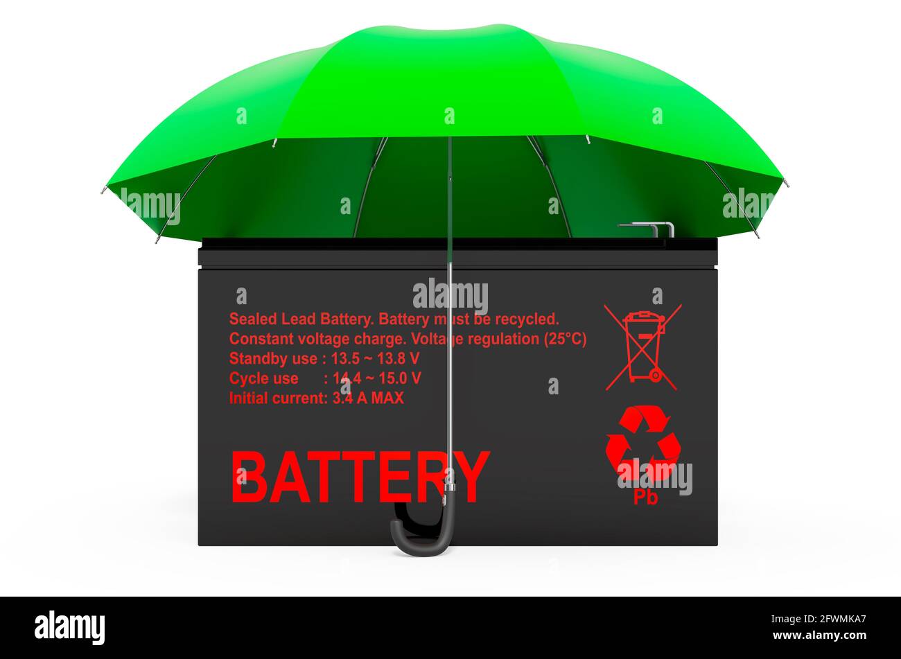 Sealed UPS battery under umbrella, 3D rendering isolated on white ...