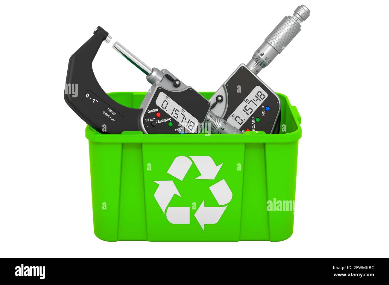 Recycling trashcan with digital micrometer. 3D rendering isolated on ...