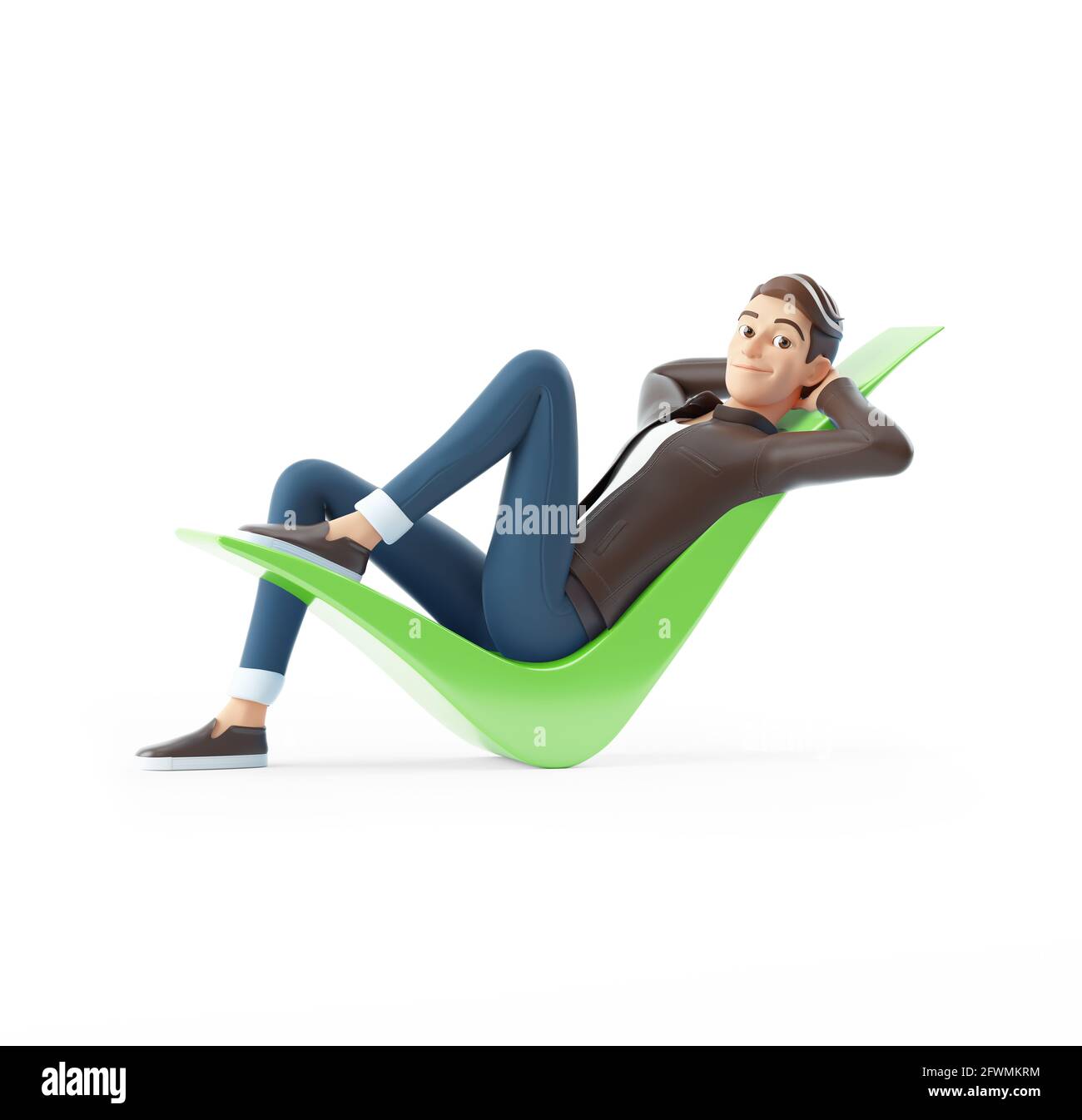 3d cartoon man lying down on check mark, illustration isolated on white ...