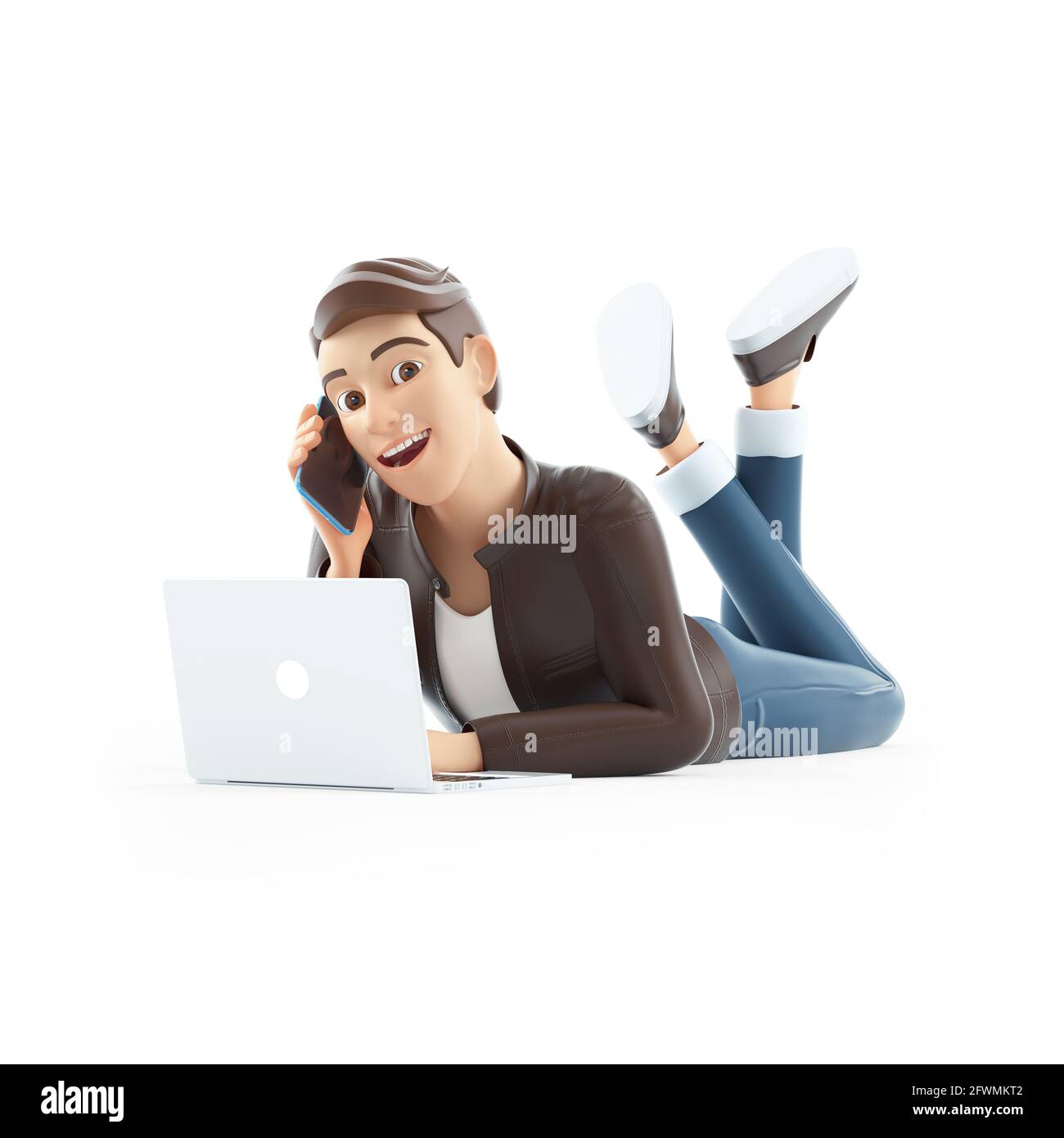 3d cartoon man lying down on floor with phone and laptop, illustration ...