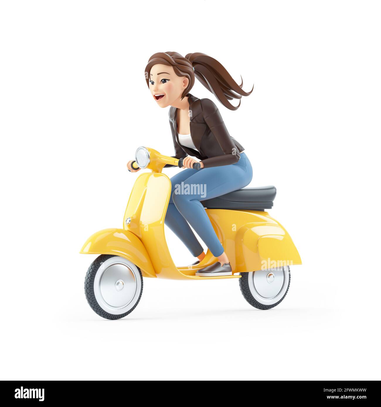 3d cartoon woman riding a scooter, illustration isolated on white ...