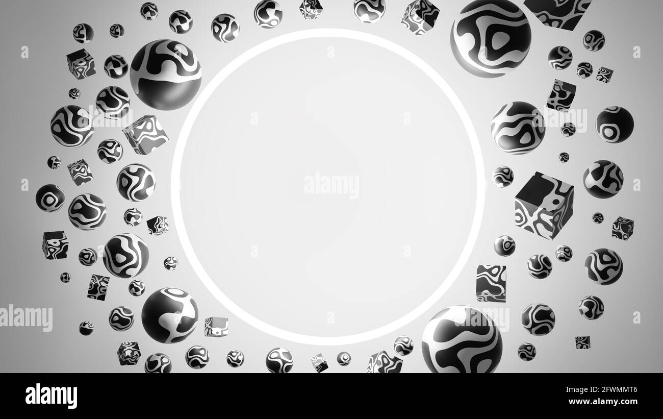 3D illustration of spheres floating around a round frame Stock Photo ...
