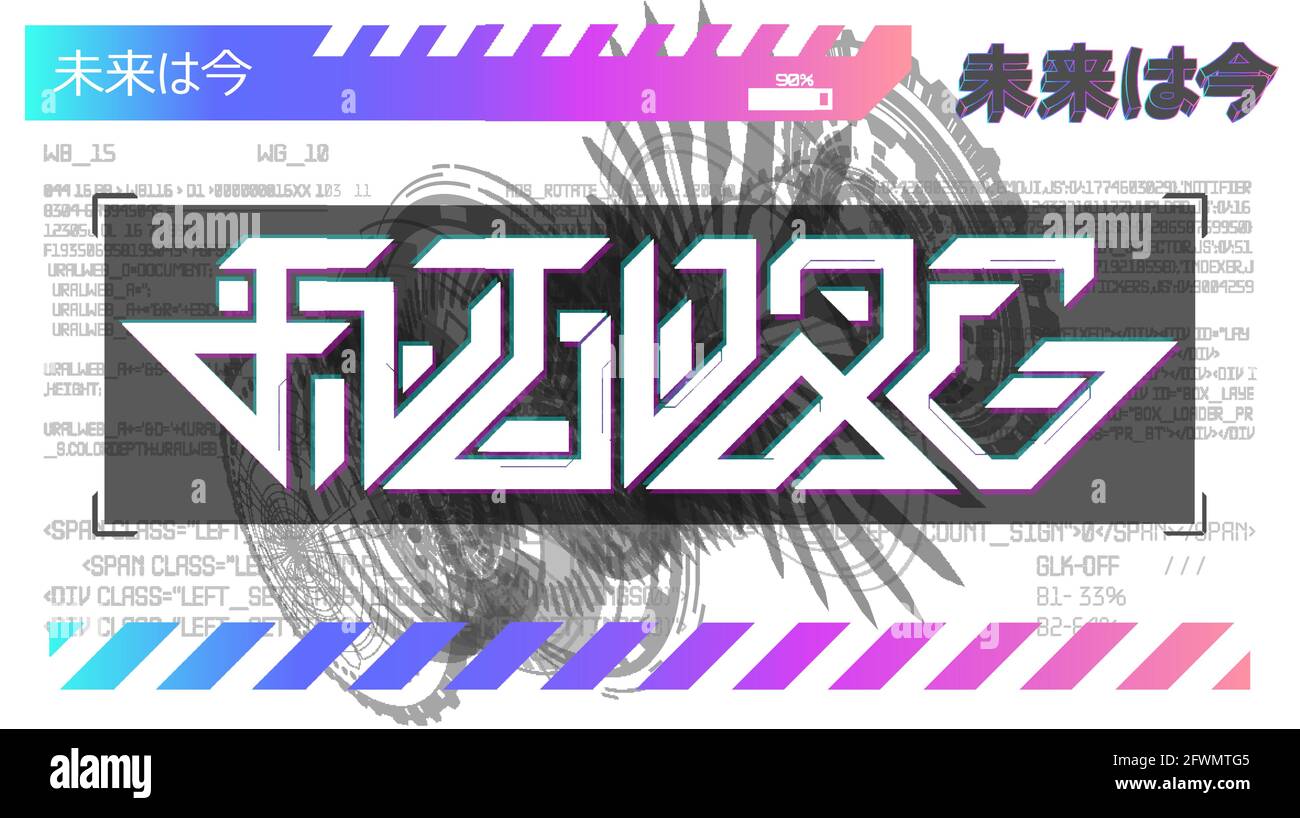 Digital art with futuristic lettering, shapes, glitch. Retrofuturism ...