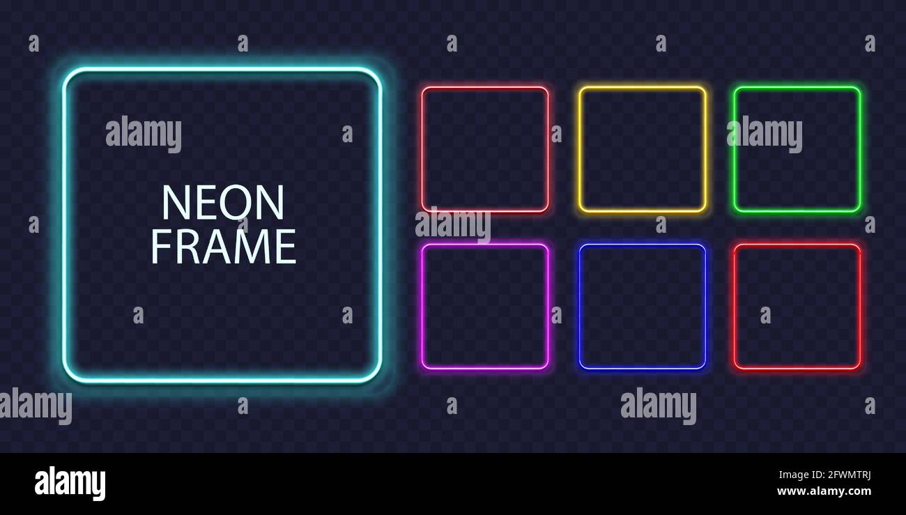 Square neon frames. Fluorescent outline border. Realistic vector led ...