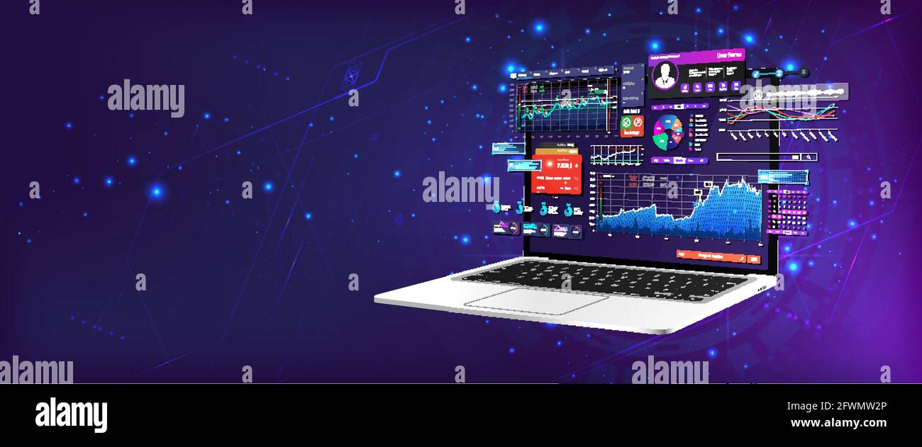 Dashboard Application on laptop with business analytics data, charts and graphics on perspective ...
