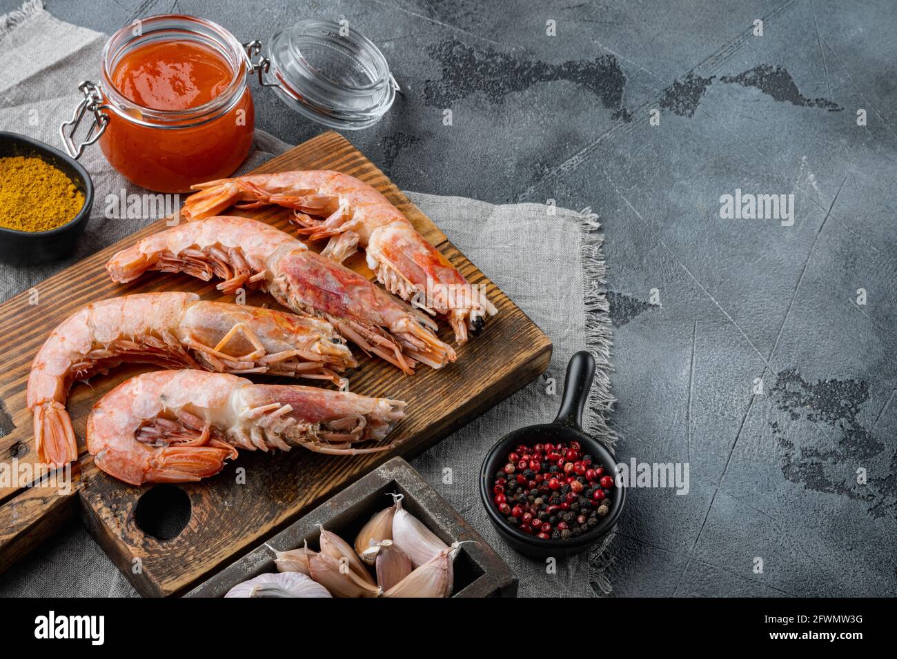 Raw red Argentinian prawns set, on gray background , with copyspace and ...