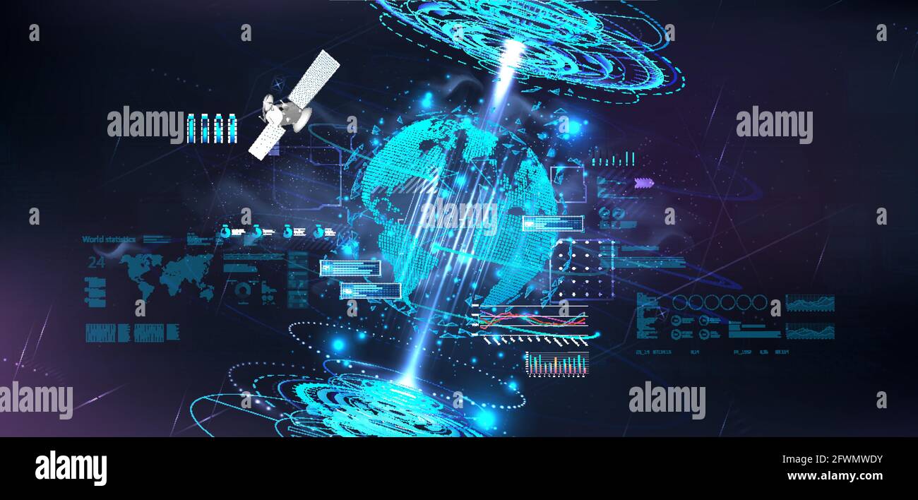 HUD Earth Globe control center. Dark futuristic illustration with 3D earth globe in Sci-fi style ...