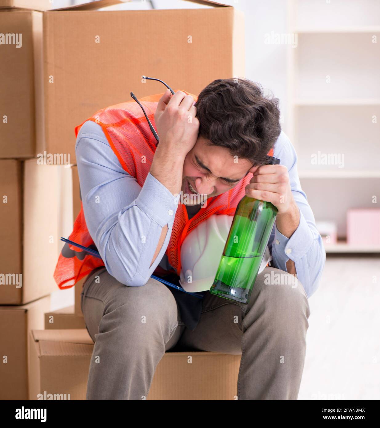 The delivery man drunk at work Stock Photo - Alamy