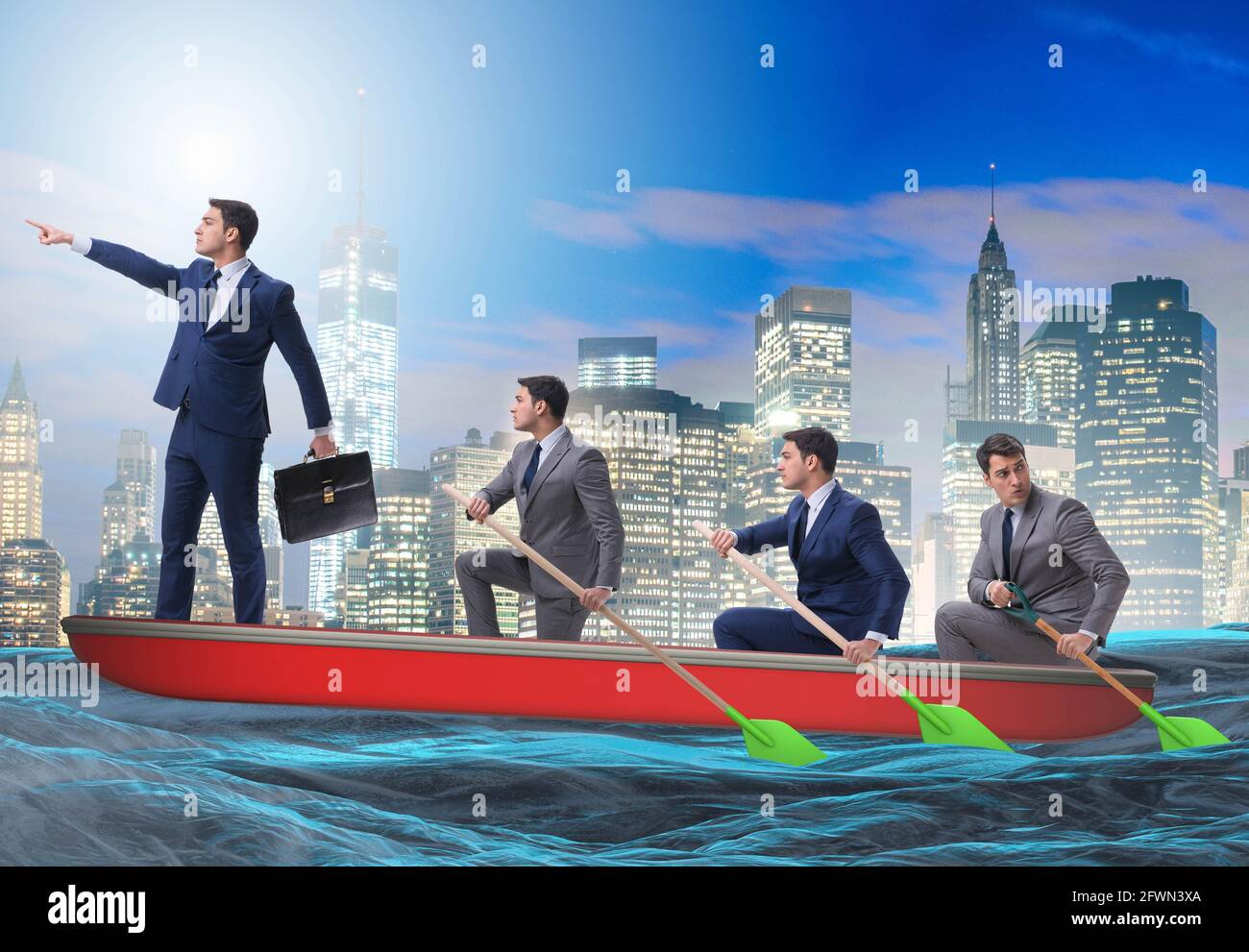 The team of businessmen in teamwork concept with boat Stock Photo - Alamy