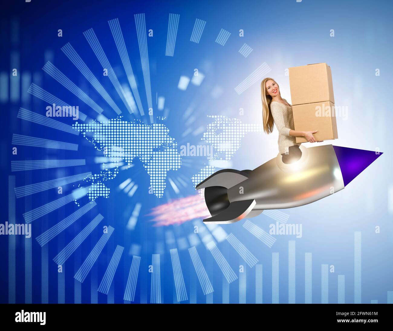 The woman flying jetpack and delivering boxes globally Stock Photo - Alamy