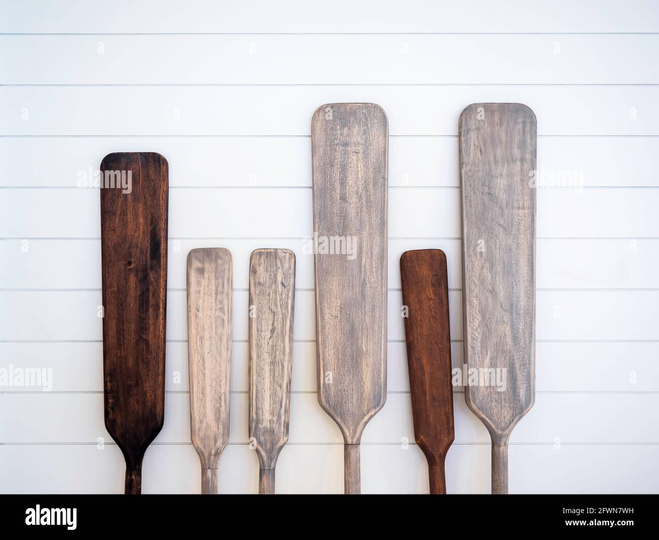 Old wooden canoe paddles decoration on white wood plank wall background ...