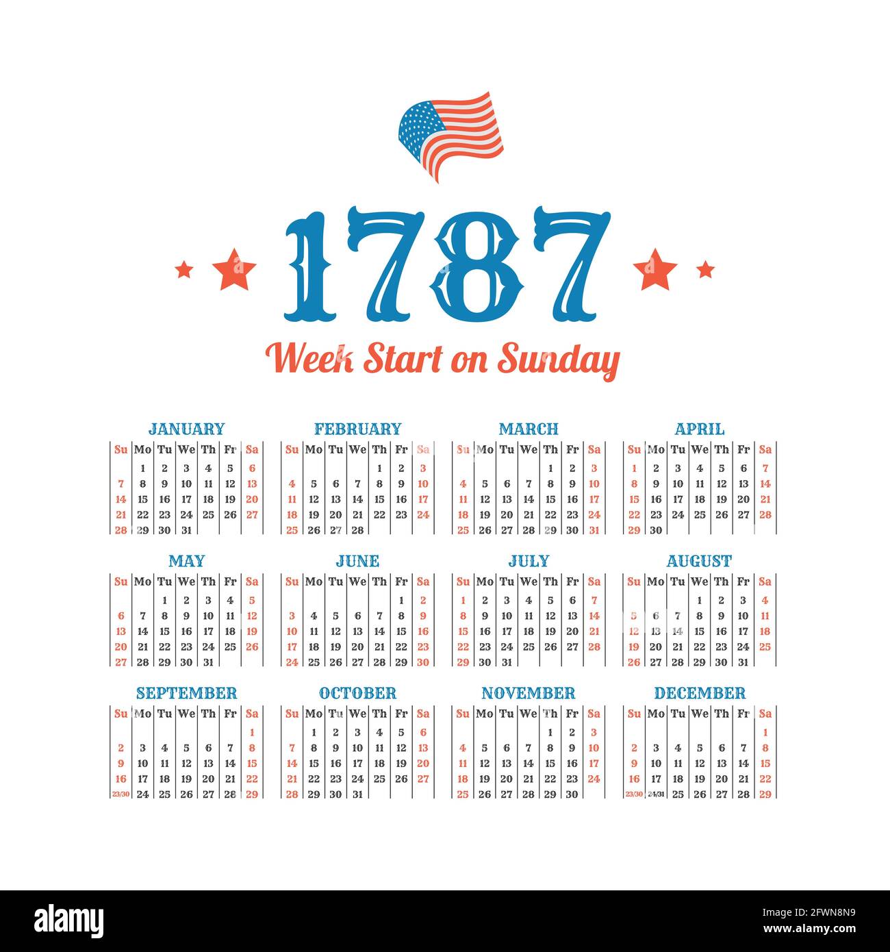 Historic vector calendar of 1787. Start on Sunday Stock Vector Image ...