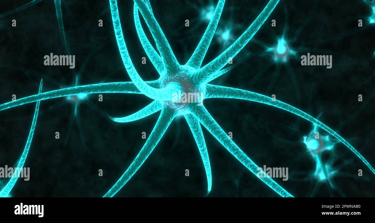 Neon neuron cells on the black background. 3D illustration Stock Photo ...