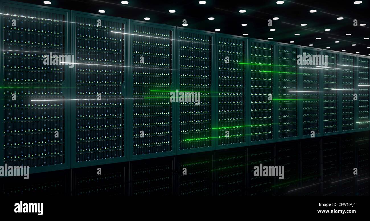 Powerful servers sit behind glass panels in a server room of a data ...