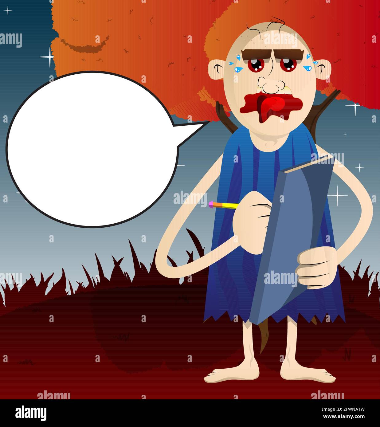 Cartoon prehistoric man writing on a books cover. Vector illustration ...