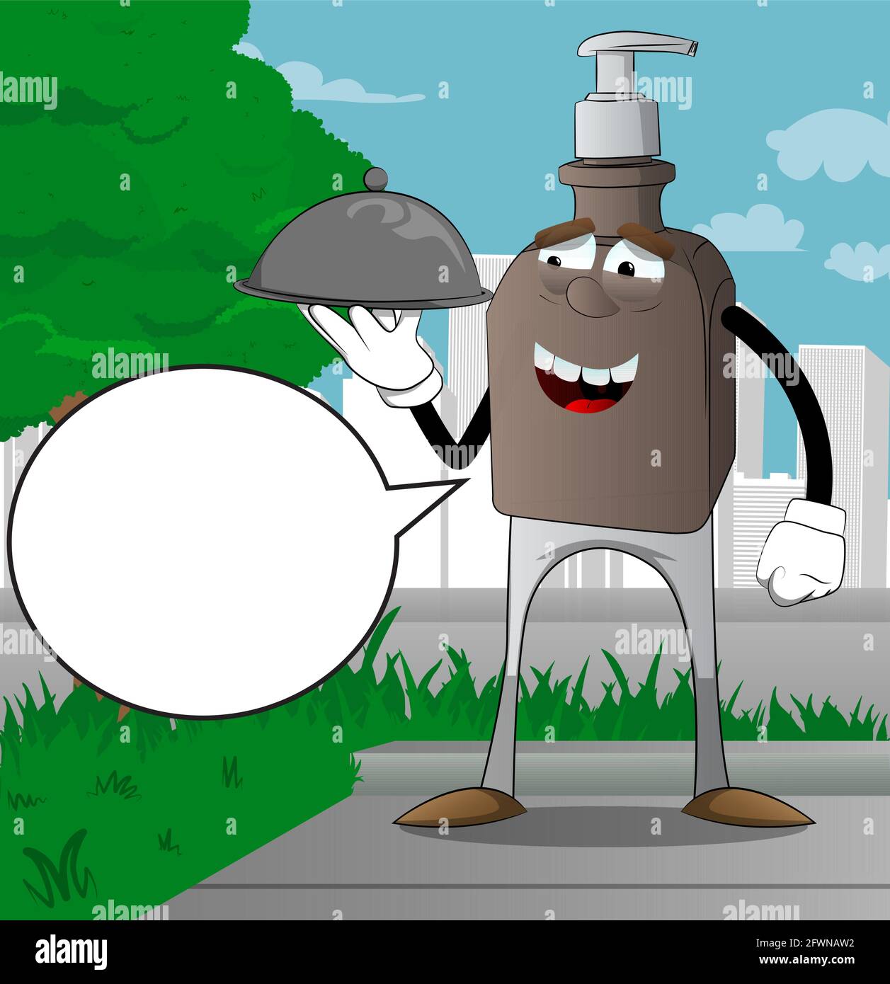 Cartoon bottle of hand sanitizer gel for hygiene with face holding ...