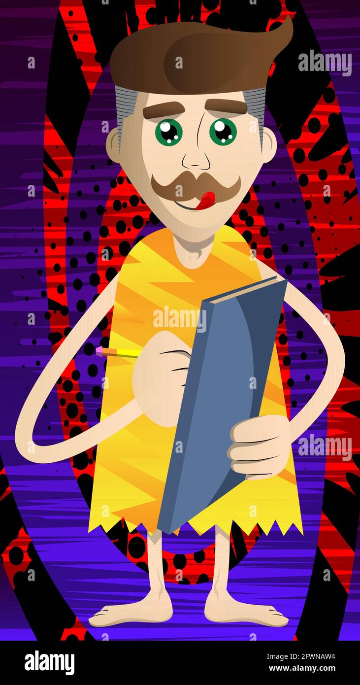 Cartoon prehistoric man writing on a books cover. Vector illustration ...