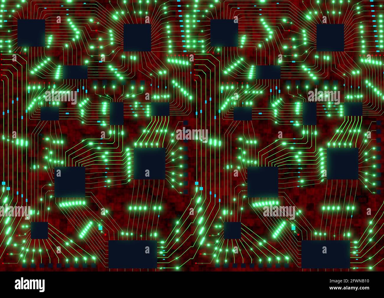 Circuit board concept with pulsing green lights of digital components ...