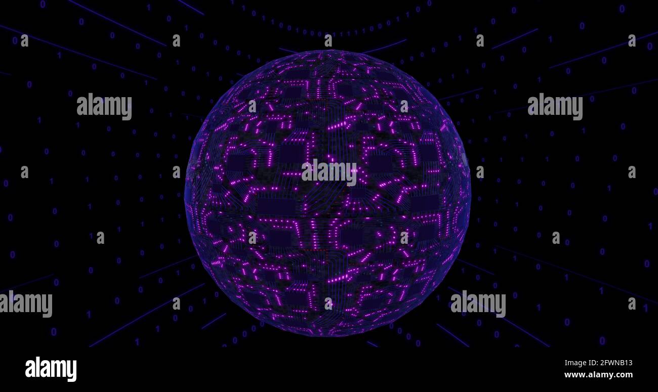 violet 3D digital concept, sphere planet with circuit board and cpu ...