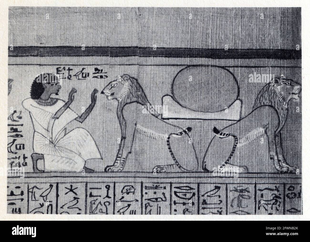 The scribe Ani Worshipping Aker,represented as two lions back to back ...