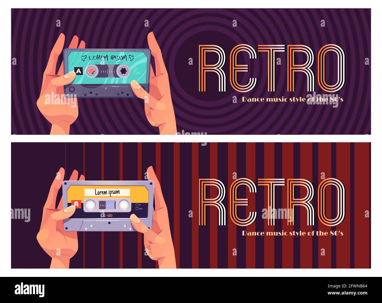 Retro dance music style of 80s banner. Hands holding vintage audio ...