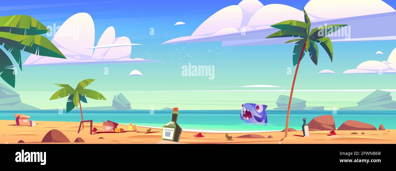 Dirty ocean beach with trash and scared shark in water. Concept of ...