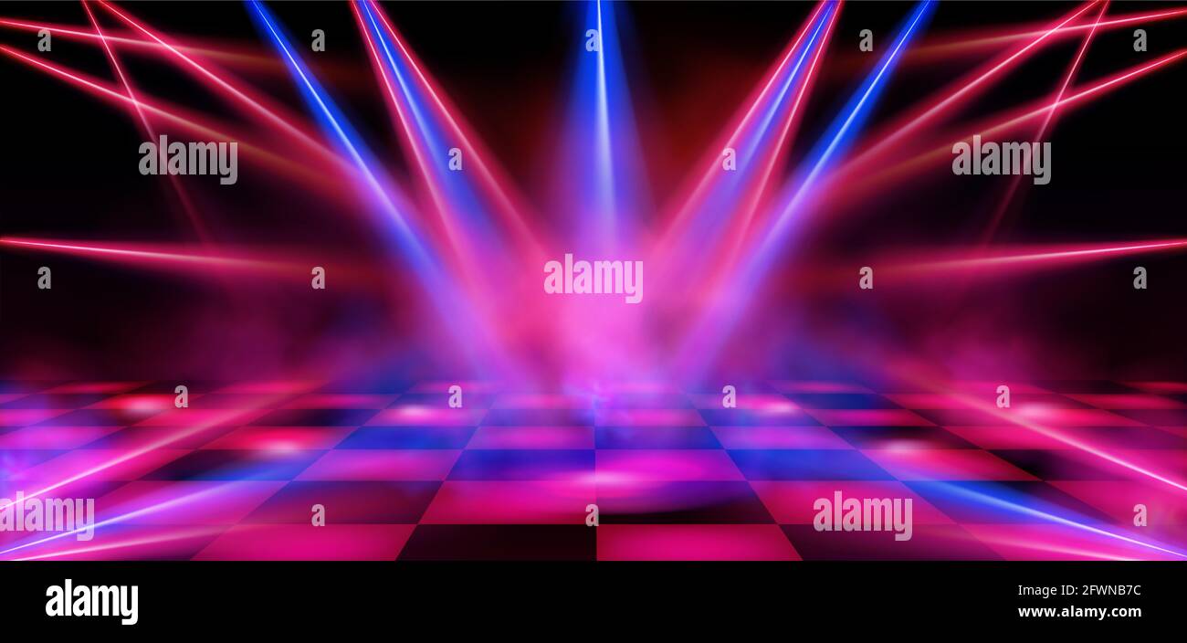 Dance floor, empty night club stage illuminated with red and blue ...