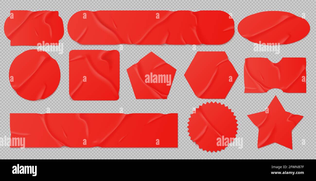 Red glued stickers or crumpled paper patches mockup. Blank shrunken ...