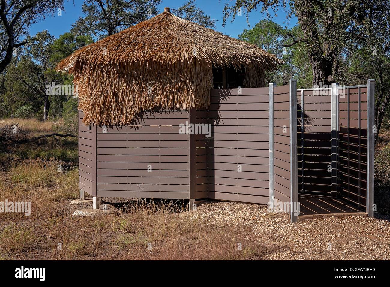 A straw roofed timber bird hide at a rural lagoon Stock Photo - Alamy