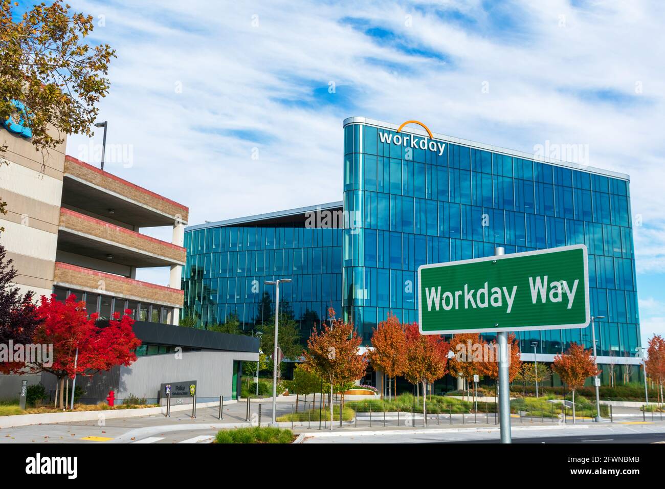 Workday way road sign at Workday headquarters campus in Silicon Valley ...