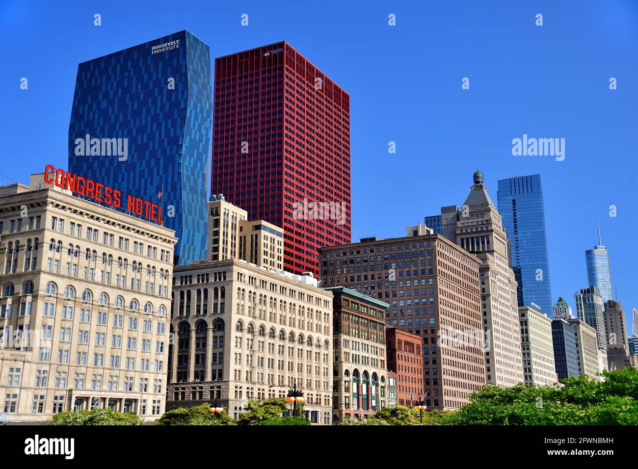 Chicago, Illinois, USA. The venerable facades of buildings along South ...
