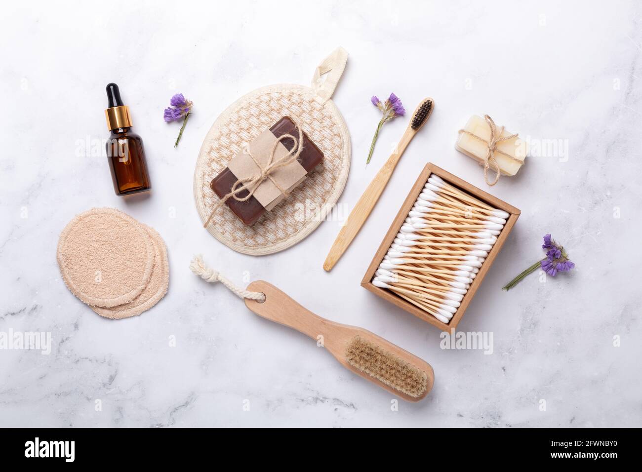 Bath tools on white marble background, top view, copy space. Daily ...