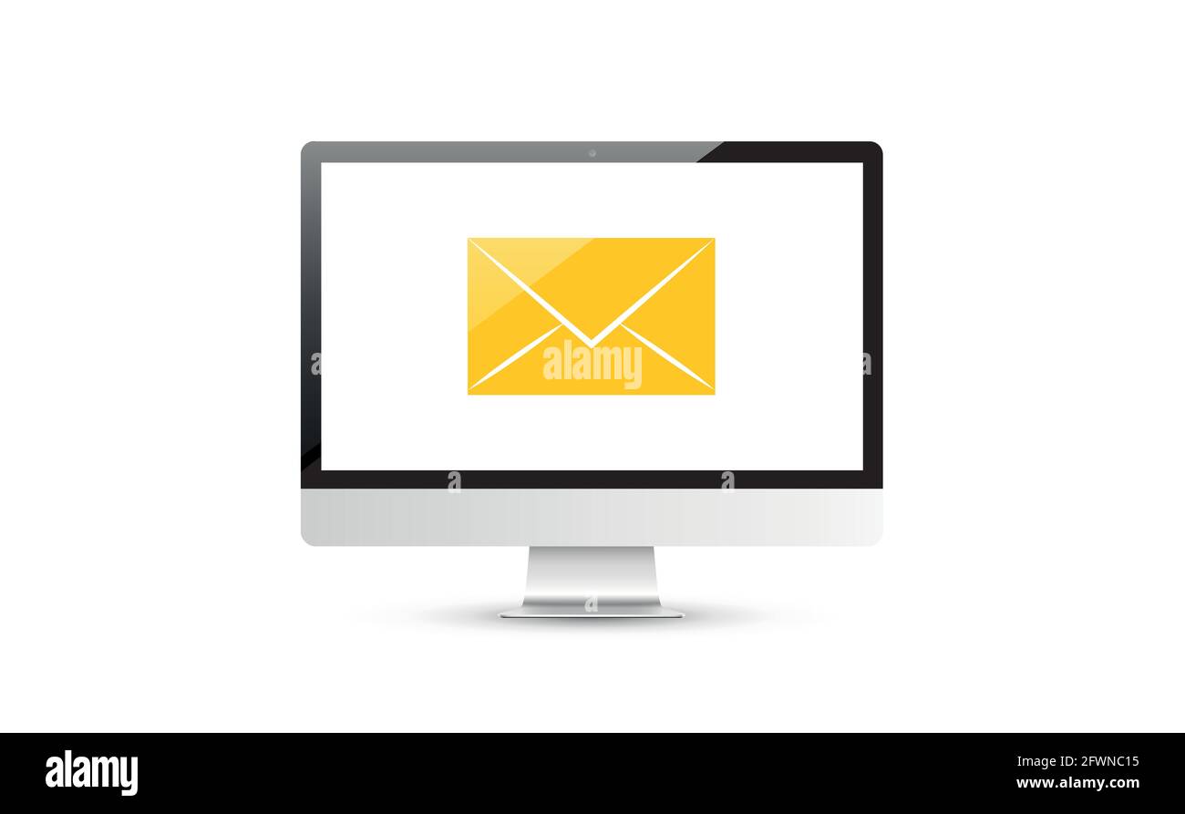 PC with new email envelope. Computer and document on screen. Flat style ...