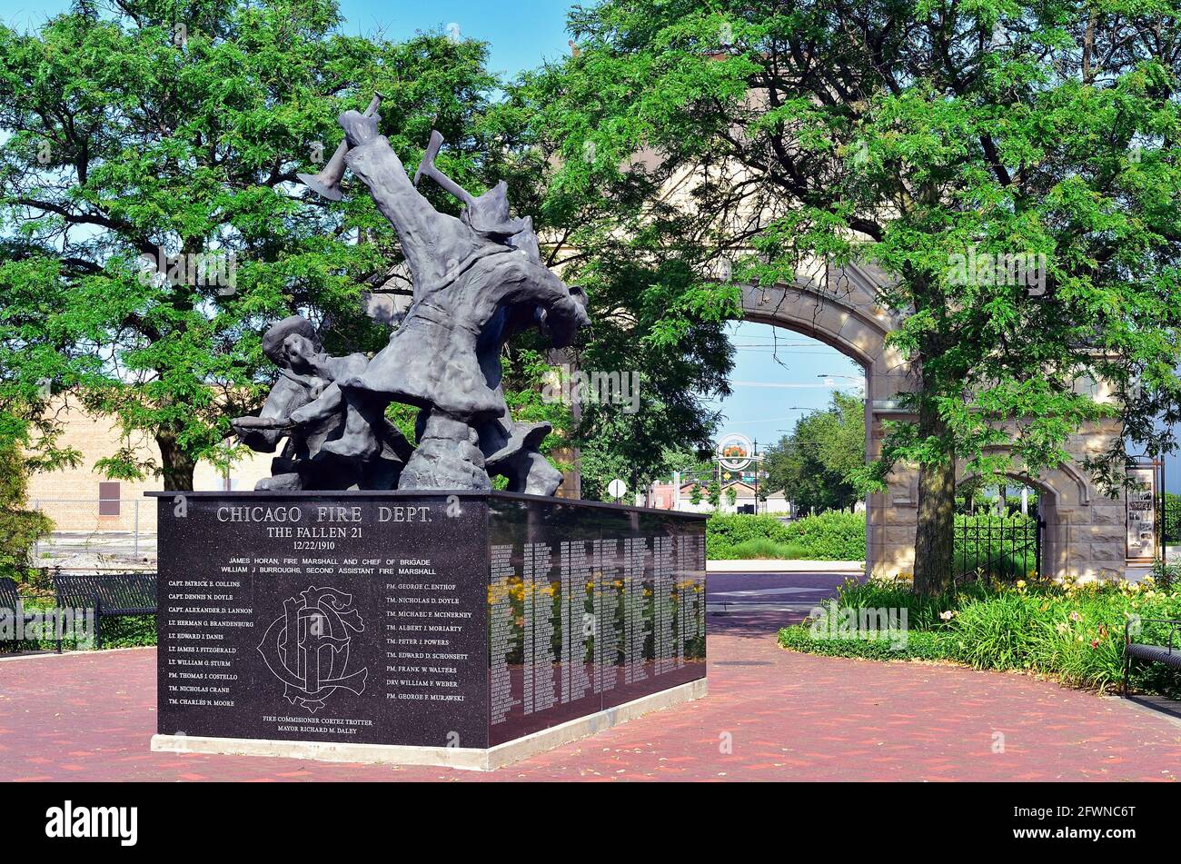 Chicago, Illinois, USA. A memorial to all Chicago firefighters who have ...