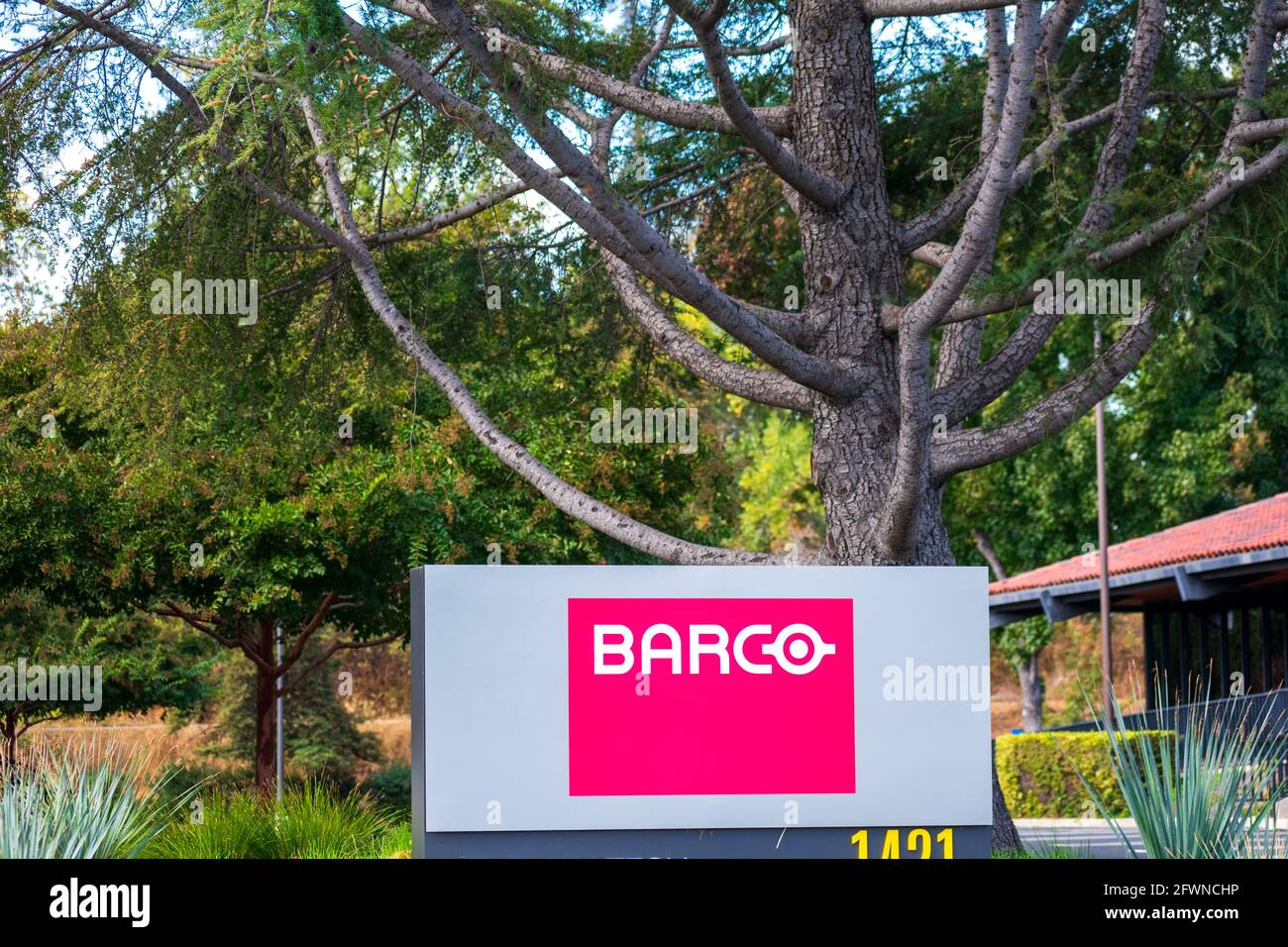 Barco sign logo at company headquarters in Silicon Valley.Barco NV is a ...