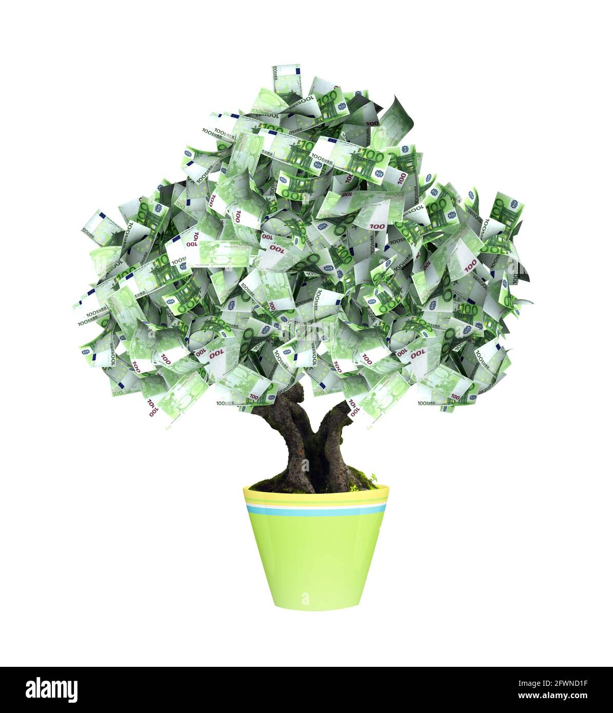 Money tree with euro banknotes. Isolated on white background. 3d render ...