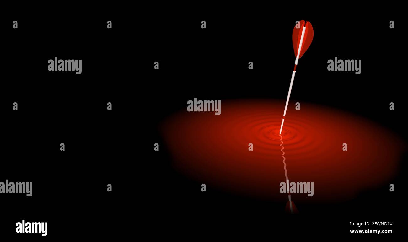 Red arrow hit the mark, makes a wave of red color. On black background ...
