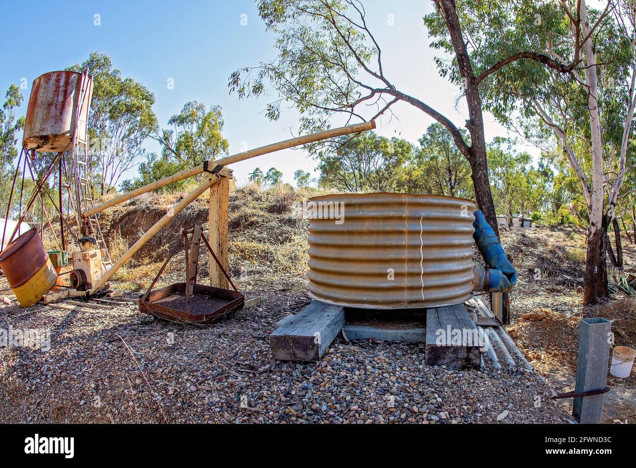 Small water tank at a tourist recreational fossicking park in outback ...