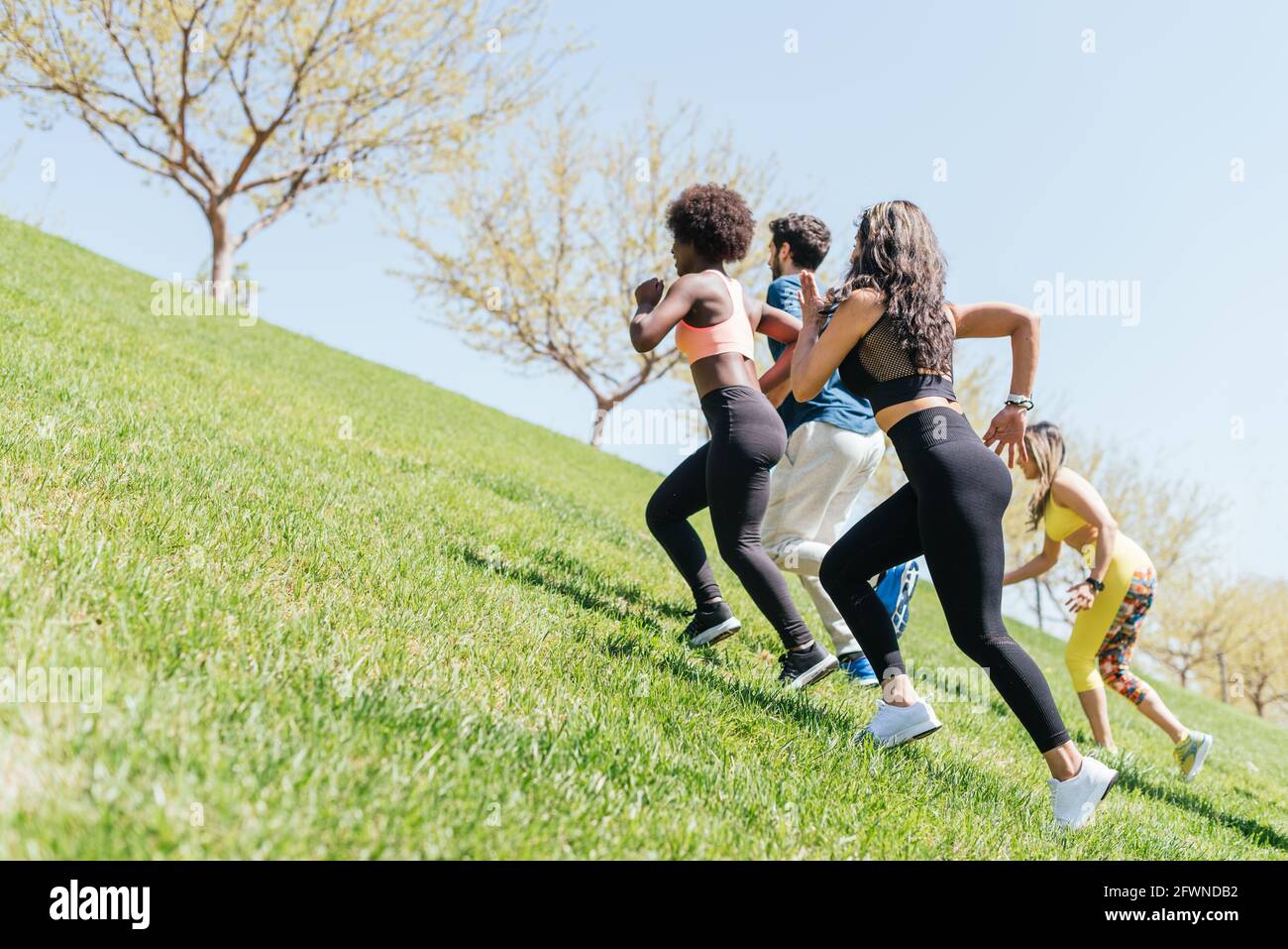 Group of runners running up a hill Stock Photo - Alamy