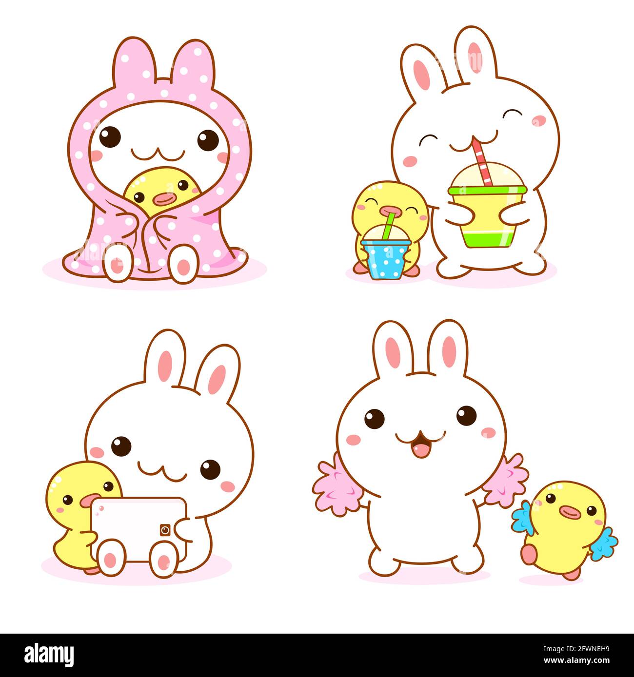 Set of kawaii bunny and duckling. Cute little duck and rabbit friends ...