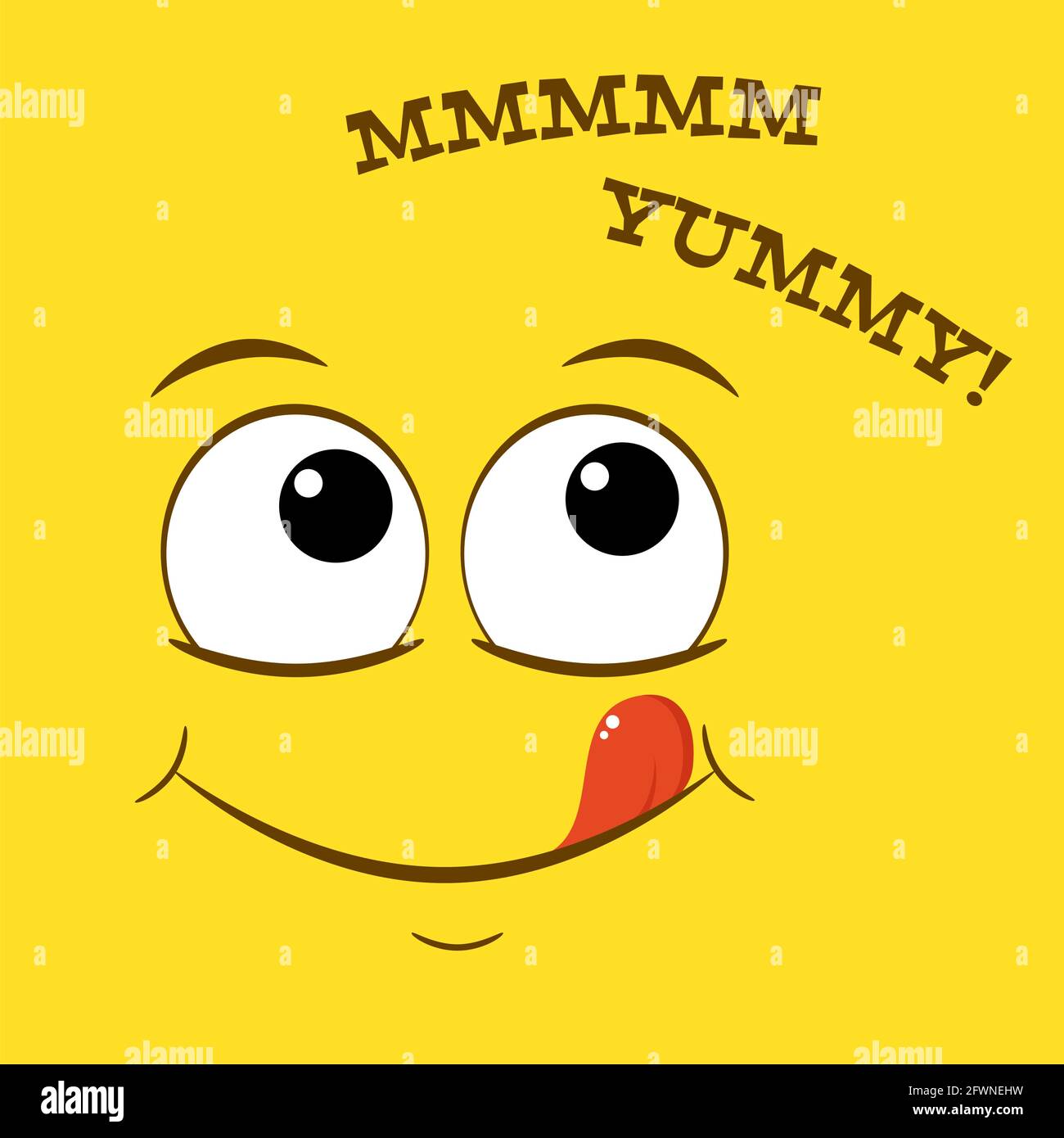 Yummy emoji. Smiling yummy emoticon on yellow background. Inscription ...