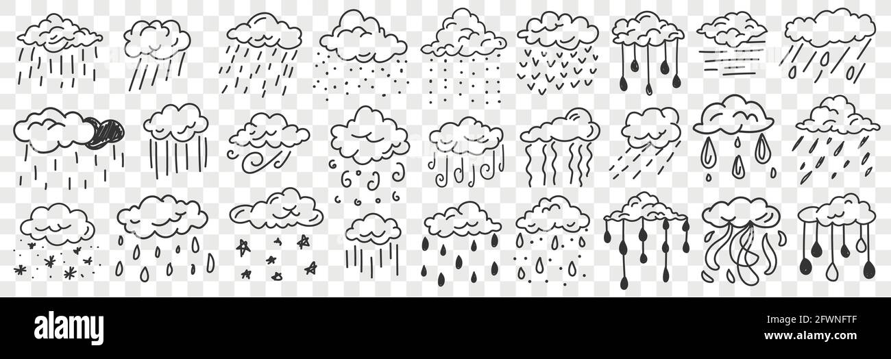Natural falling precipitation doodle set. Collection of hand drawn ...
